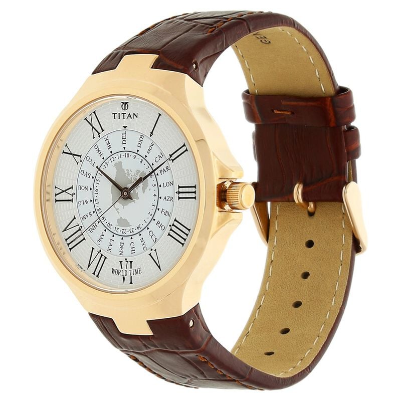 Buy Online Titan Globe Trotter Silver Dial World Time Leather Strap ...