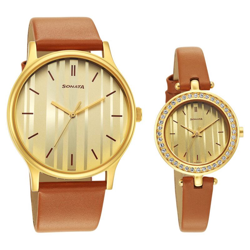 Buy Online Sonata Quartz Analog Champagne Dial Leather Strap Watch for ...
