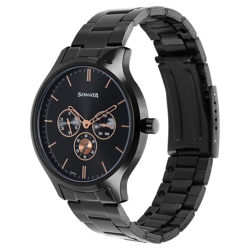 Buy Online Sonata Quartz Multifunction Black Dial Stainless Steel Strap ...