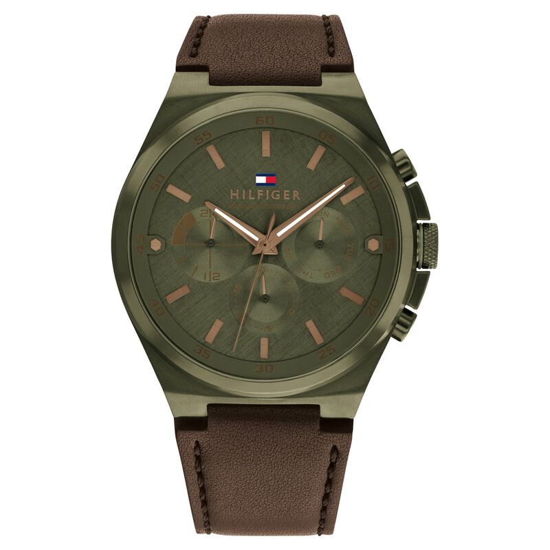 Buy Online Tommy Hilfiger Multifunction Green Round Dial Brown Leather ...