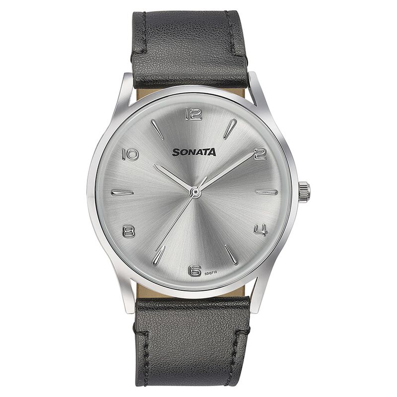 Buy Online Sonata Quartz Analog Silver Dial Black Leather Strap Watch ...
