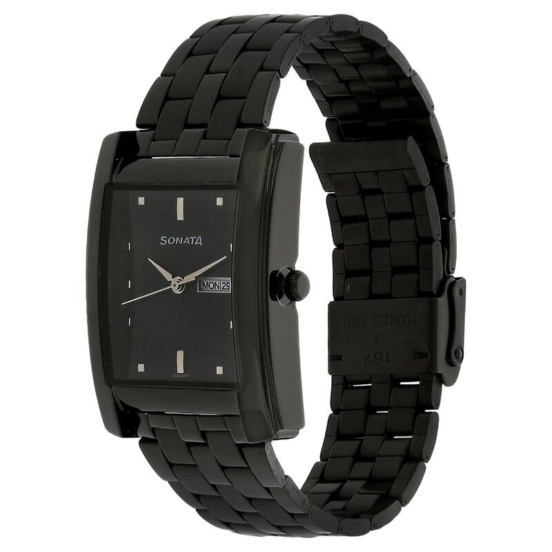 Buy Online Sonata Quartz Analog with Day and Date Black Dial Stainless ...