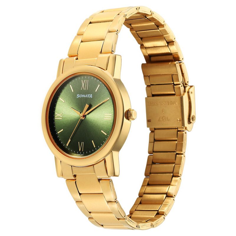 Buy Online Sonata Classic Quartz Analog Green Dial Golden Stainless ...