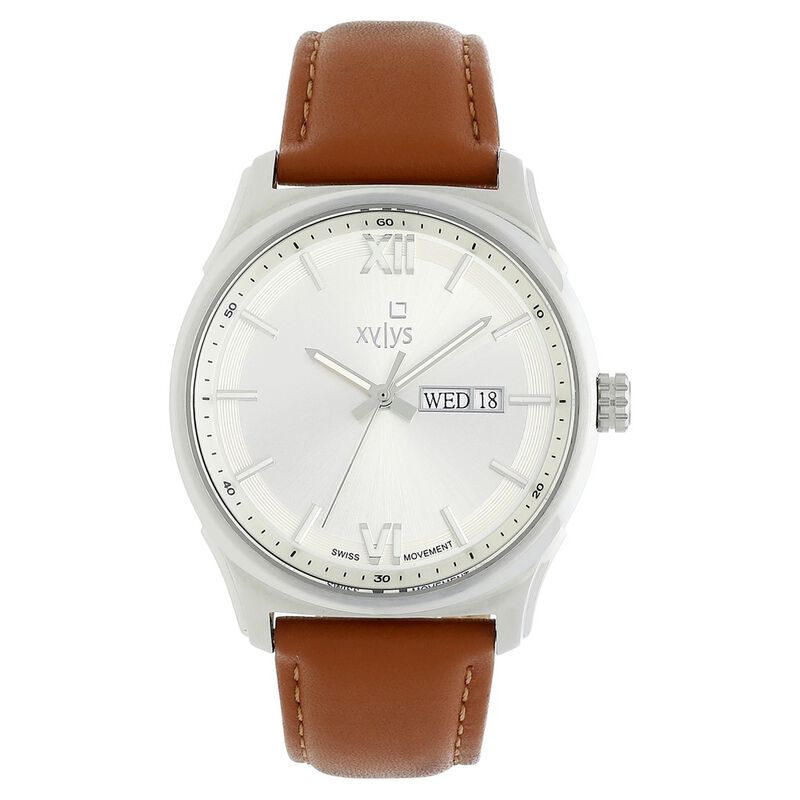 Buy Online Xylys Swiss Analog with Day and Date Brown Leather Strap and ...
