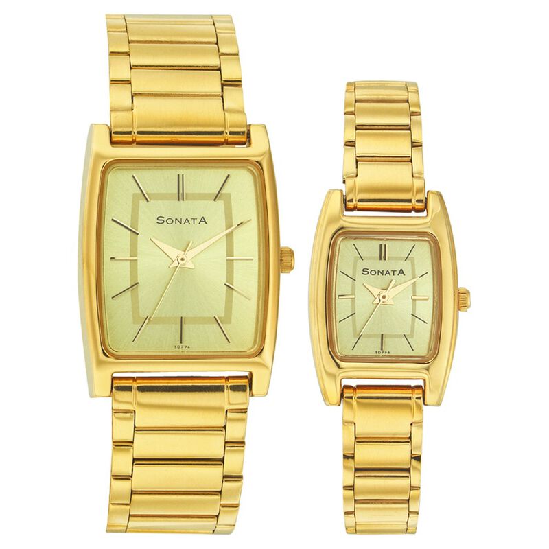 Buy Online Sonata Quartz Analog Champagne Dial Strap Watch for Couple ...