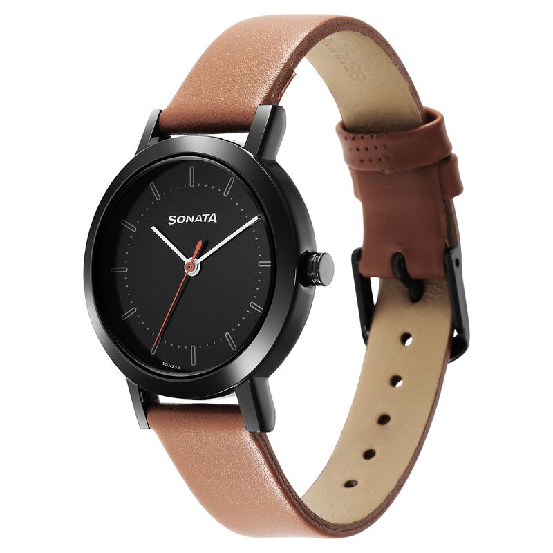 Buy Online Sonata Essentials Black Dial Leather Strap Watch for Women ...