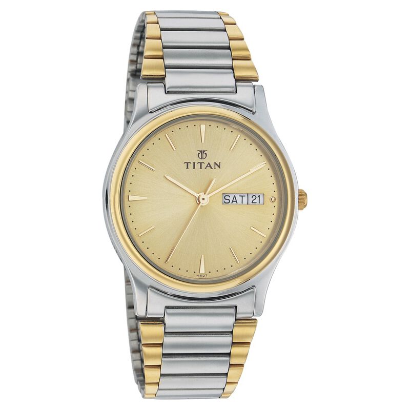Buy Online Titan Quartz Analog with Day and Date Champagne Dial Watch ...