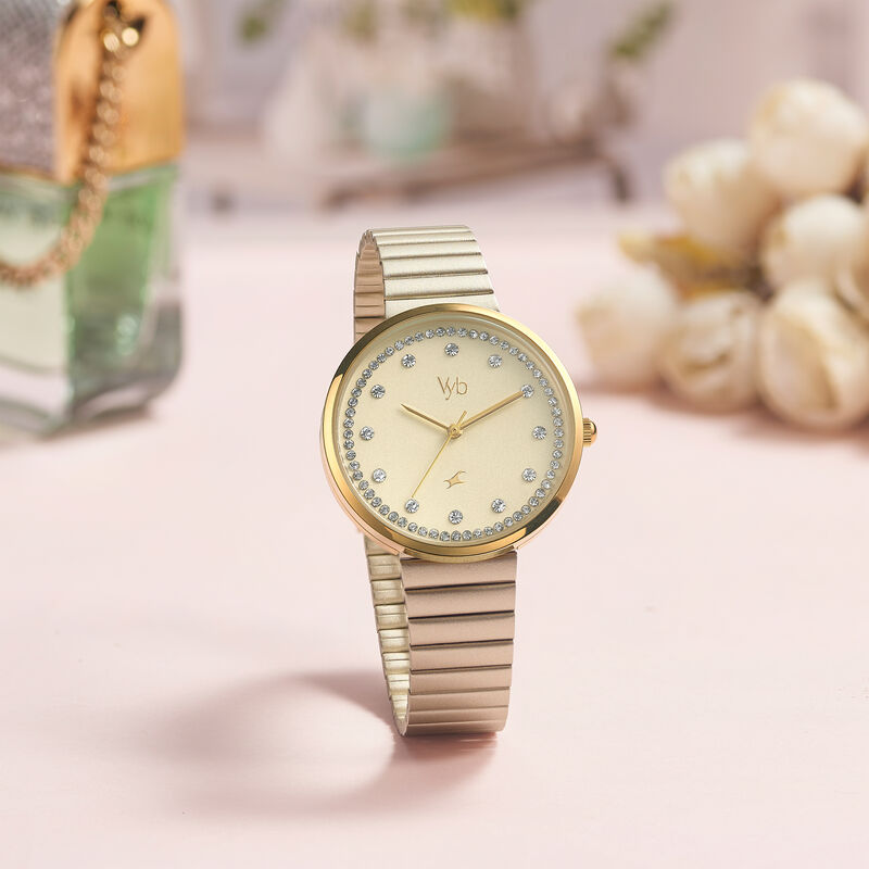 Buy Online Fastrack Vyb Mirage Quartz Analog Golden Dial Stainless ...