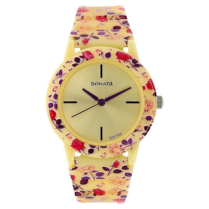 Buy Online Sonata Quartz Analog Champagne Dial Plastic Strap Watch for ...