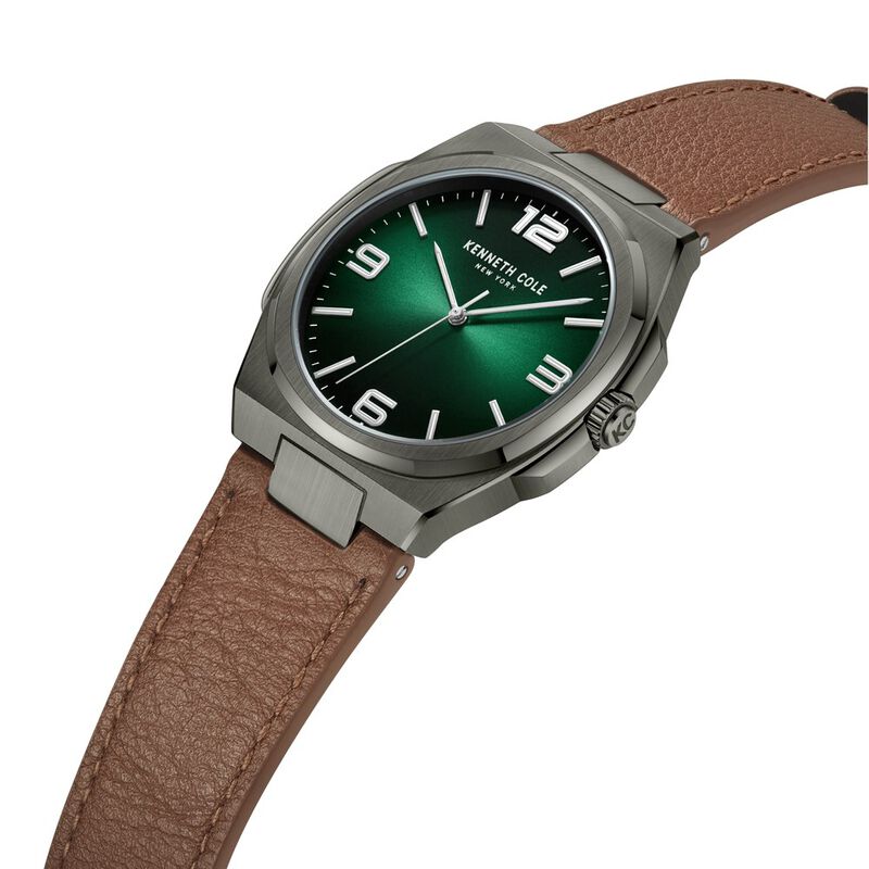 Buy Online Kenneth Cole Quartz Analog Green Dial Brown Leather Strap ...