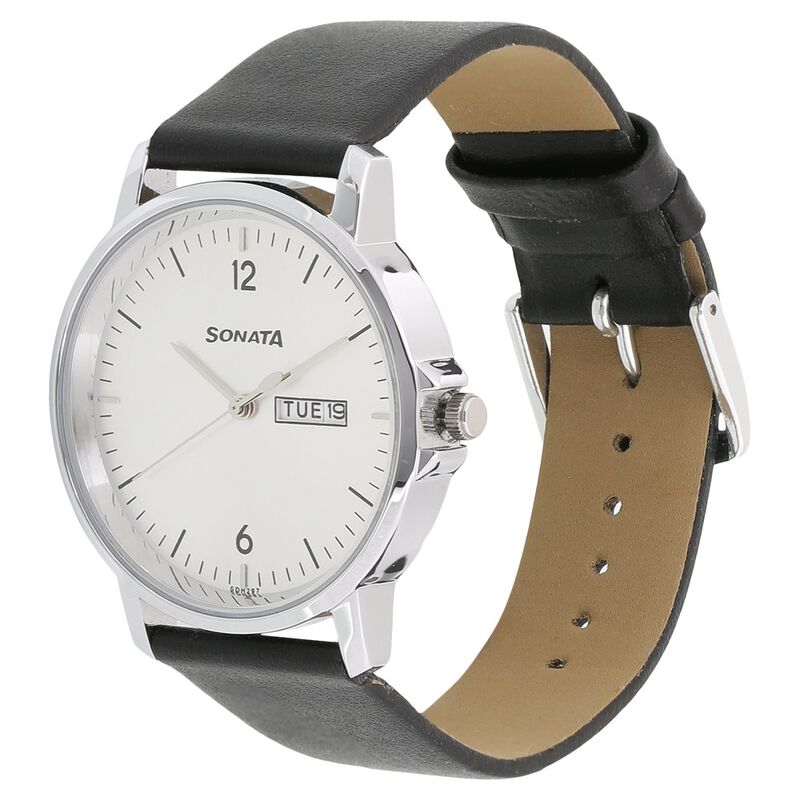 Buy Online Sonata Quartz Analog with Day and Date Silver Dial Leather ...