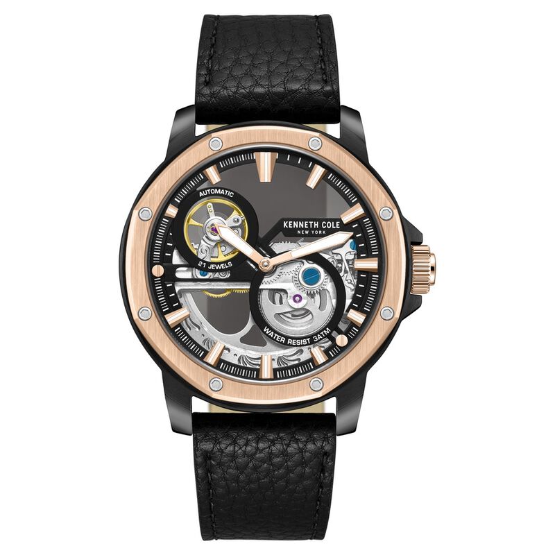 Buy Online Kenneth Cole Automatic Black Dial Black Leather Strap Watch ...