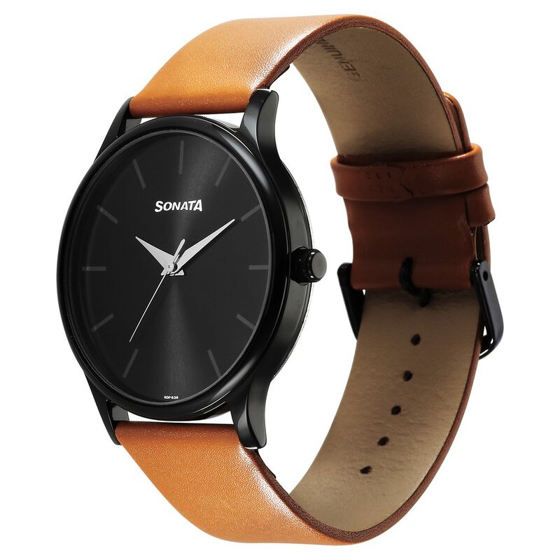 Buy Online Sonata Aspire Quartz Analog Black Dial Leather Strap Watch ...