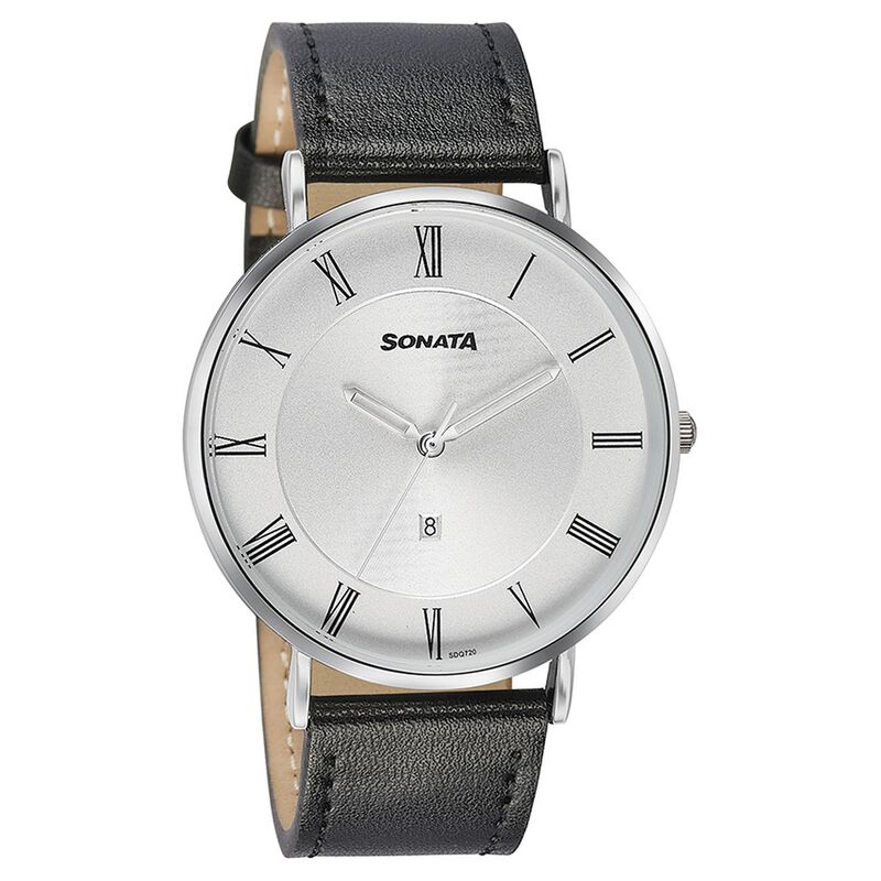 Buy Online Sonata Quartz Analog with Date Silver Dial Black Leather ...