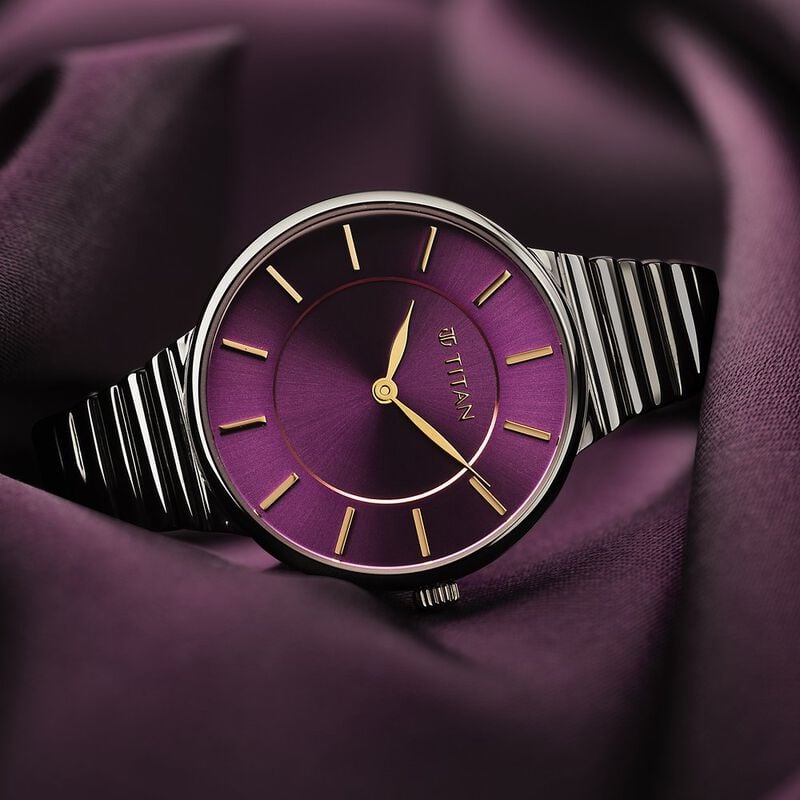 Buy Online Titan Aura Quartz Analog Purple Dial Stainless Steel Strap ...
