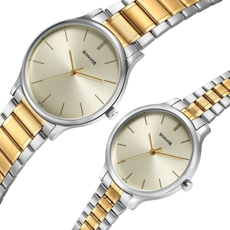 Buy Online Sonata Pair Quartz Analog Champagne Dial Stainless Steel ...