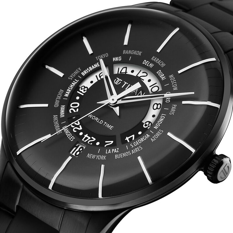 Buy Online Titan Black Dial World Time with Date Stainless Steel Strap ...