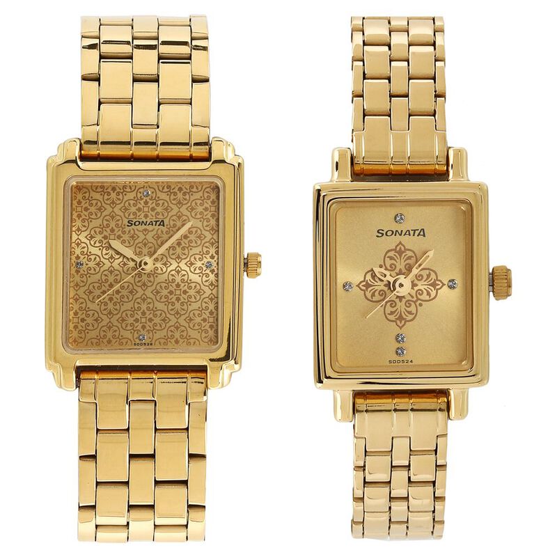 Buy Online Sonata Quartz Analog Champagne Dial Stainless Steel Strap ...