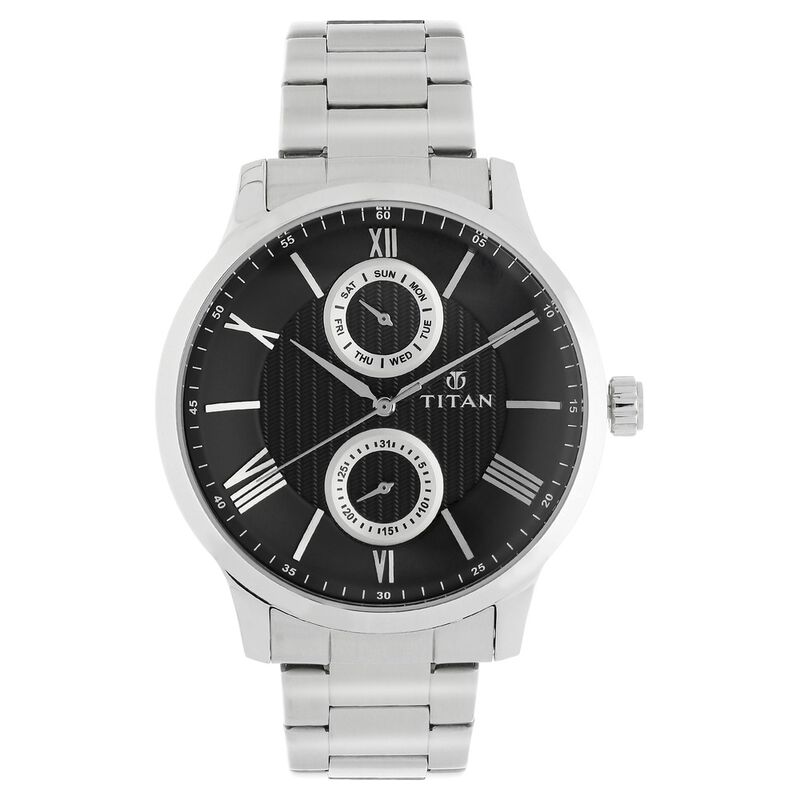 Buy Online Titan Quartz Multifunction Black Dial Stainless Steel Strap ...