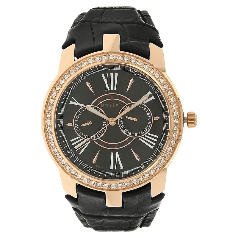 Buy Online Titan Tycoon Black Dial Quartz Multifunction Leather Strap ...