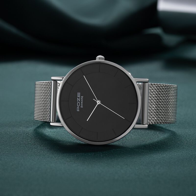 Buy Online Sonata Poze Quartz Analog Black Dial Silver Mesh Strap Watch ...