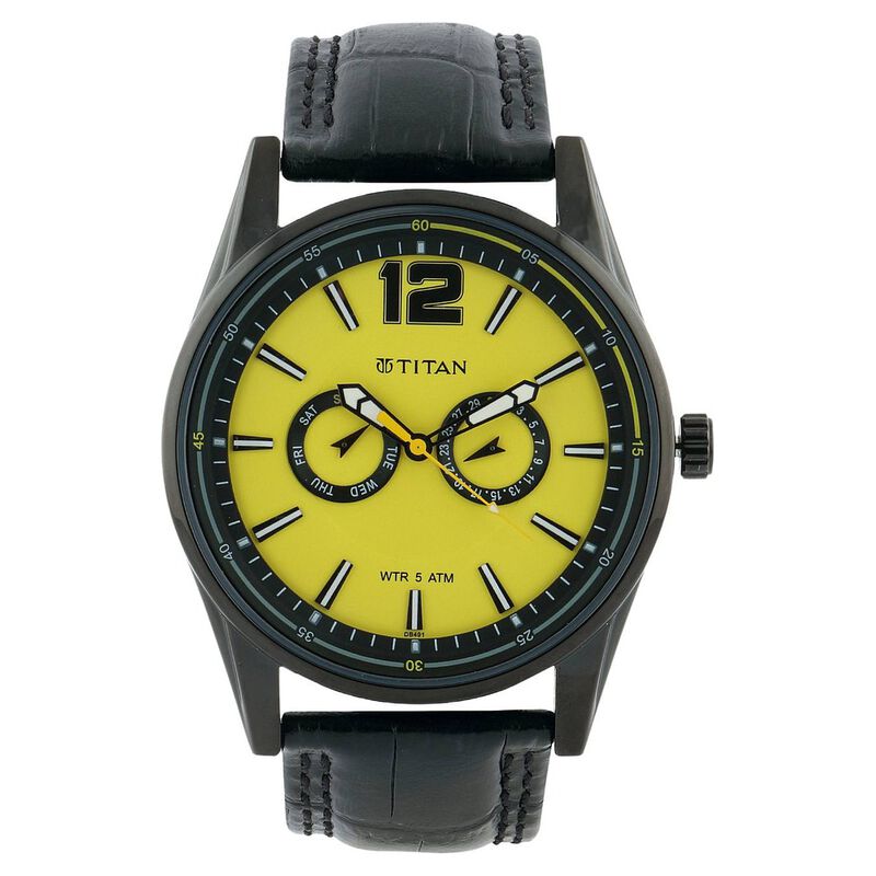 Buy Online Titan Quartz Multifunction Yellow Dial Leather Strap watch ...