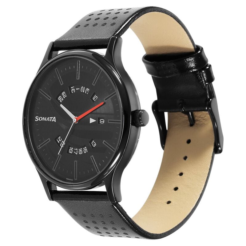 Buy Online Sonata RPM Black Dial Leather Strap Watch for Men ...