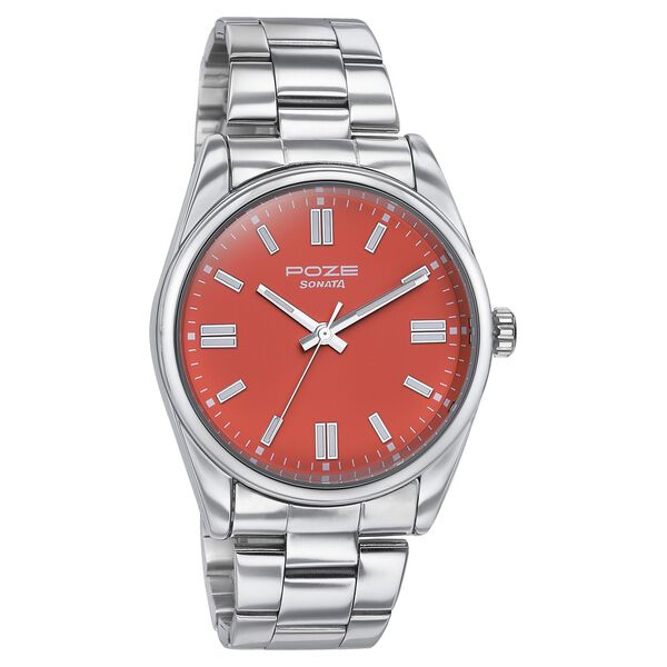 Buy Online Sonata Poze Quartz Analog Orange Dial Silver Metal Strap ...
