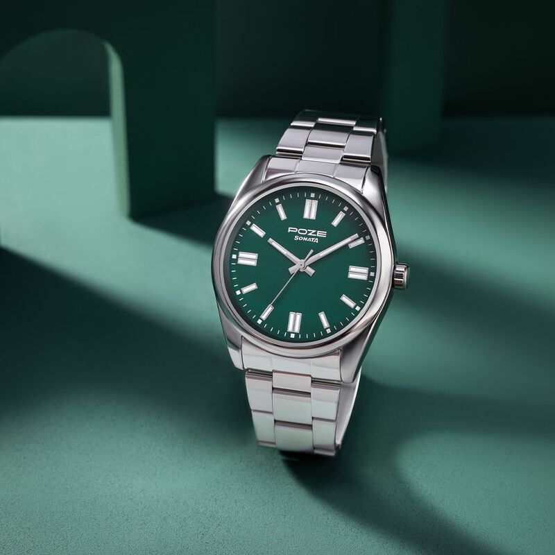 Buy Online Sonata Poze Quartz Analog Green Dial Metal Strap Watch for ...