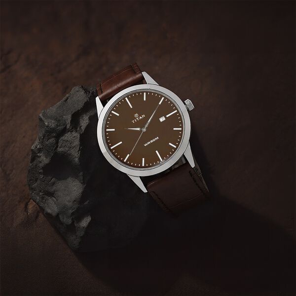 Buy Online Titan Quartz Analog with Date Brown Dial Leather Strap Watch ...
