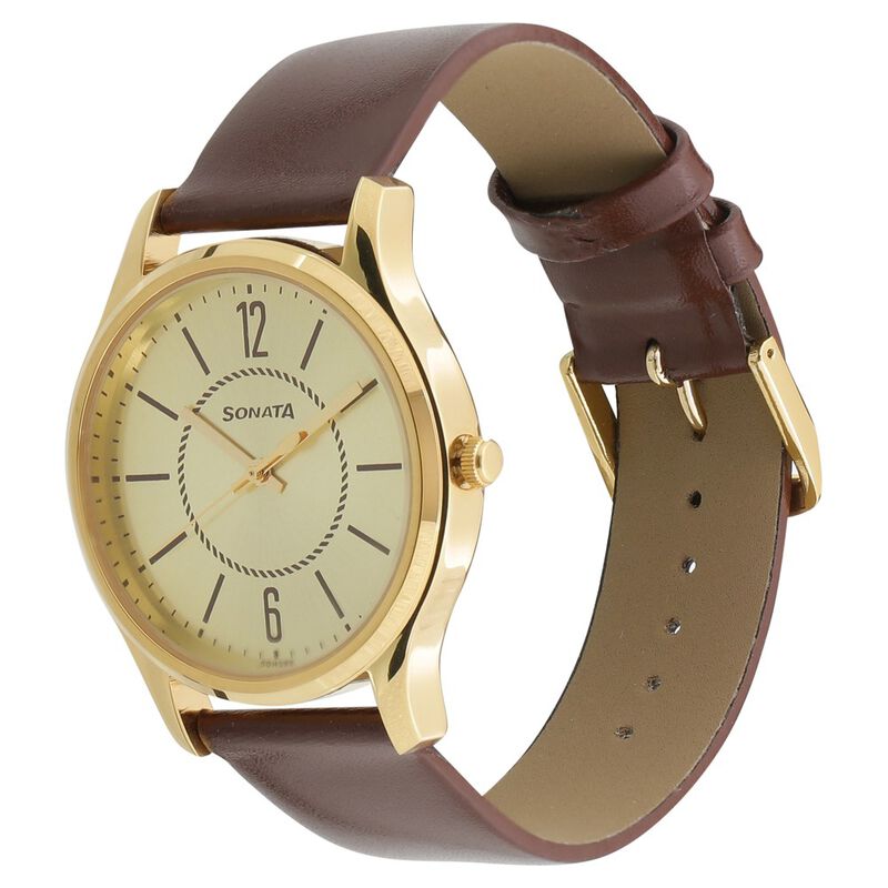 Buy Online Sonata Quartz Analog Champagne Dial Leather Strap Watch for ...