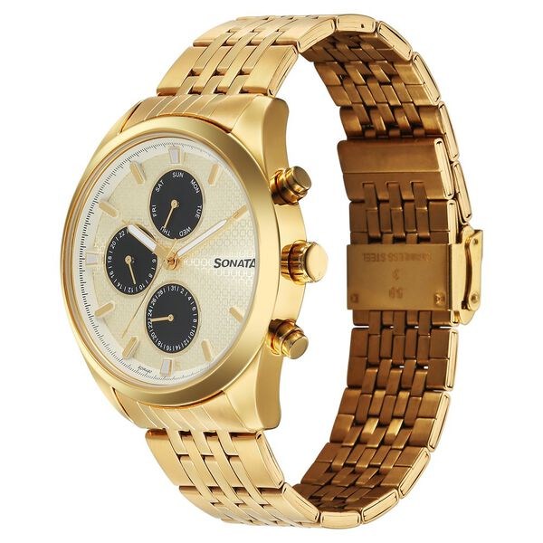 Buy Online Sonata Magna Quartz Multifunction Champagne Dial Golden ...