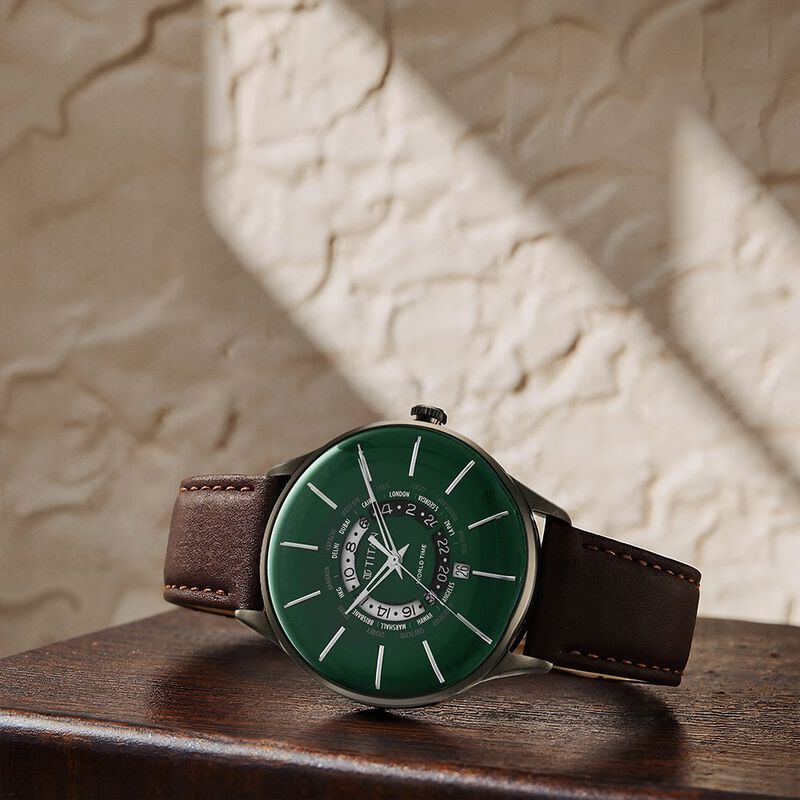 Buy Online Titan Green Dial World Time with Date Leather Strap watch ...