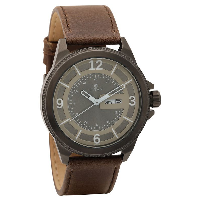Buy Online Titan Grey Dial Analog with Day and Date Leather Strap Watch ...