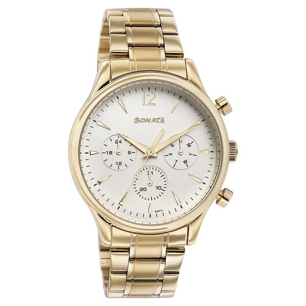 Buy Online Sonata Quartz Multifunction White Dial Golden Stainless ...