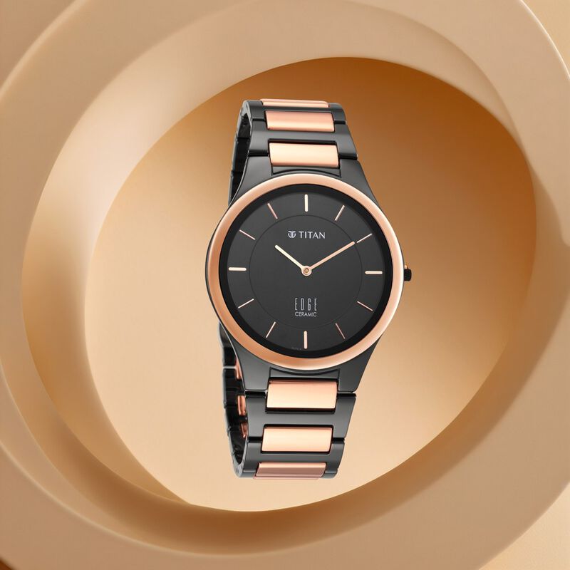 Buy Online Titan Edge Ceramic Quartz in Midnight Gold with Black Dial ...