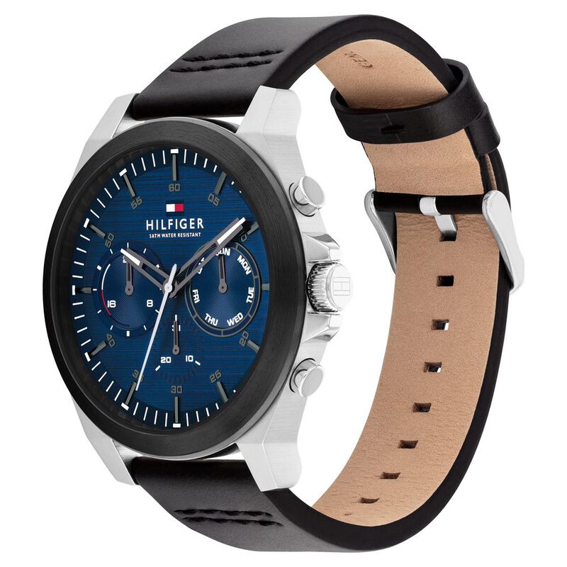 Buy Online Tommy Hilfiger Blue Dial Black Colour Leather Strap Watch ...