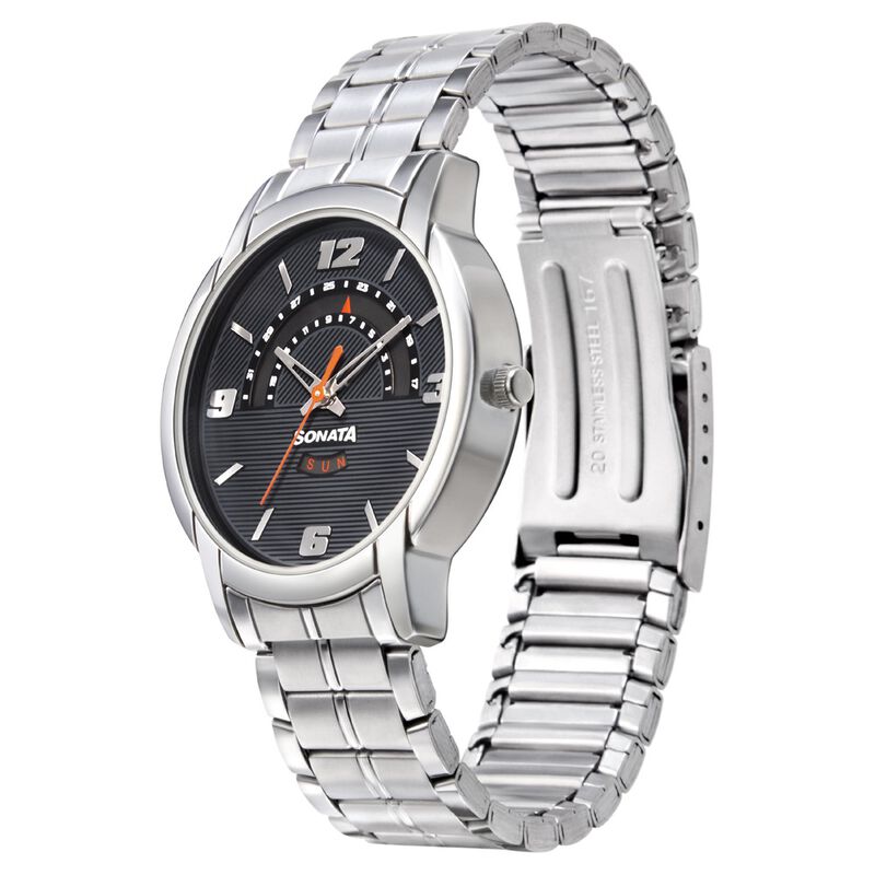 Buy Online Sonata RPM Quartz Analog with Day and Date Black Dial Metal ...