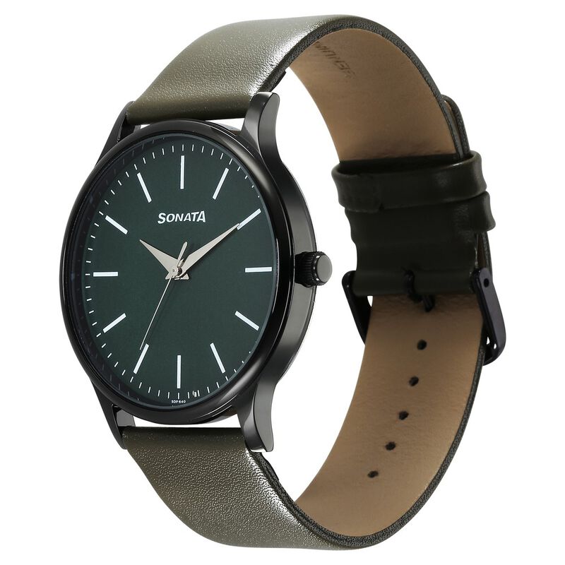 Buy Online Sonata Aspire Quartz Analog Green Dial Leather Strap Watch ...