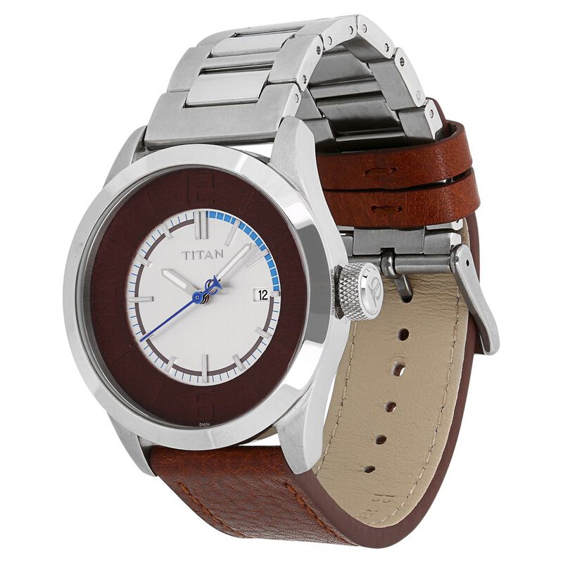 Buy Online Titan Silver Dial Analog with Date Leather Strap Watch for ...