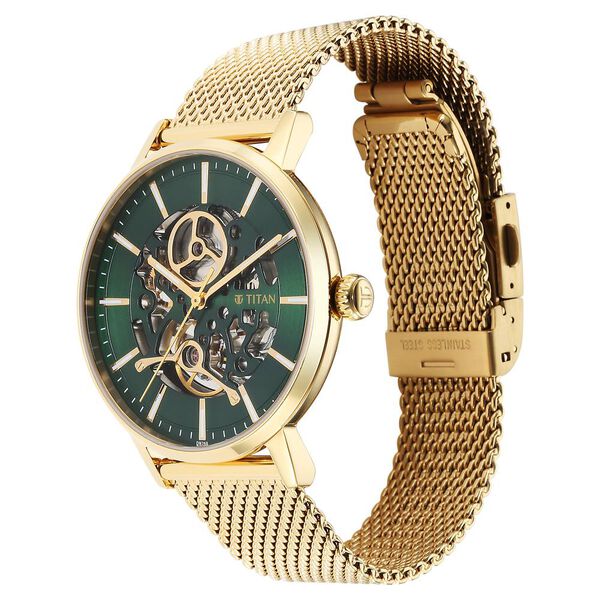 Buy Online Titan Mechanical Slimline Green Dial Golden Mesh Strap watch ...