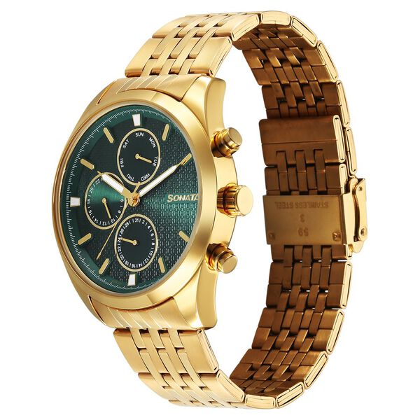 Buy Online Sonata Magna Quartz Multifunction Green Dial Golden ...