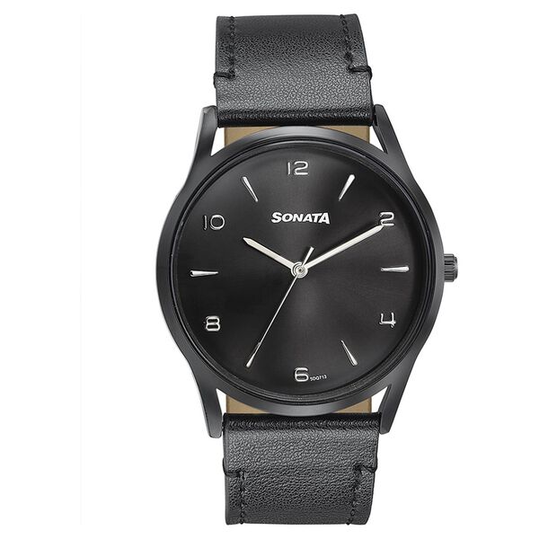 Buy Online Sonata Quartz Analog Black Dial Black Leather Strap Watch ...