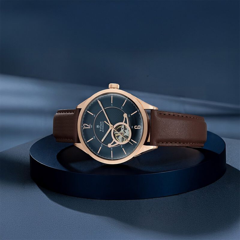 Buy Online Titan Automatic Blue Dial Brown Leather Strap Watch for Men ...