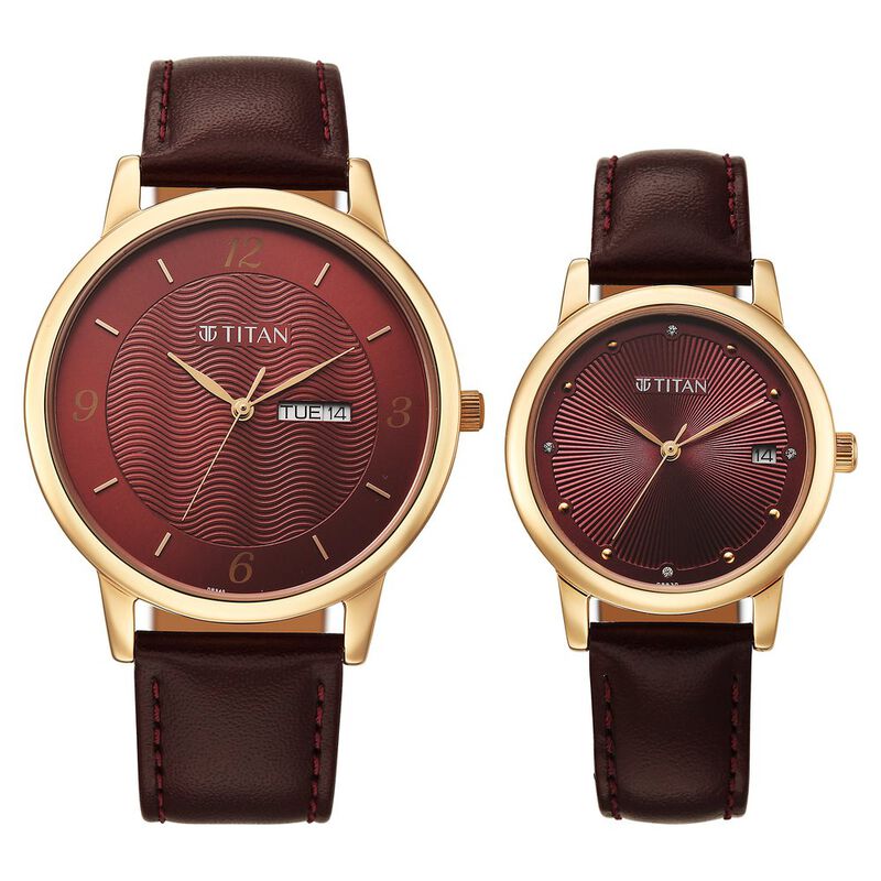 Buy Online Titan Bandhan Eternal Pair Analog with Date and Maroon Dial Maroon Leather Strap ...