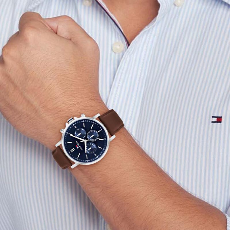 Buy Online Tommy Hilfiger Quartz Multifunction Blue Leather Strap for ...
