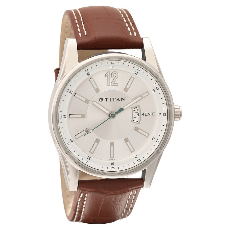 Buy Online Titan Silver Dial Analog with Date Leather Strap watch for ...