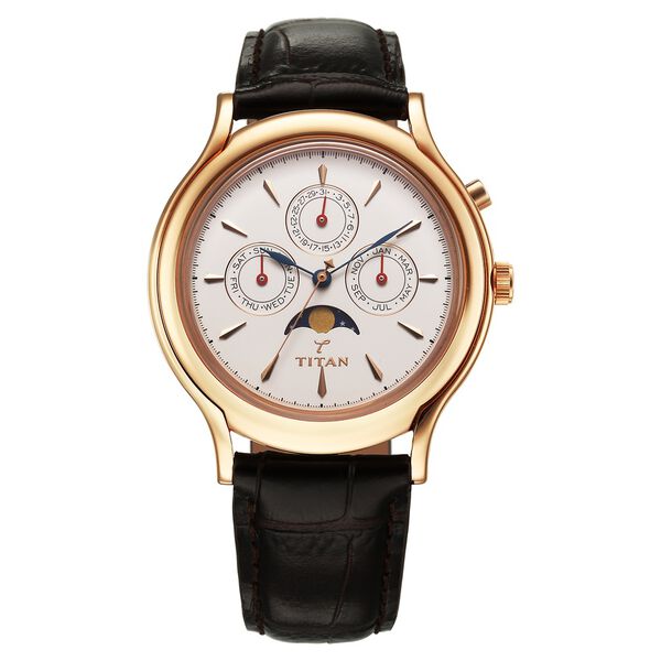 Buy Online Titan 40 years Quartz Multifunction with Moon Phase White Dial Brown Leather Strap ...