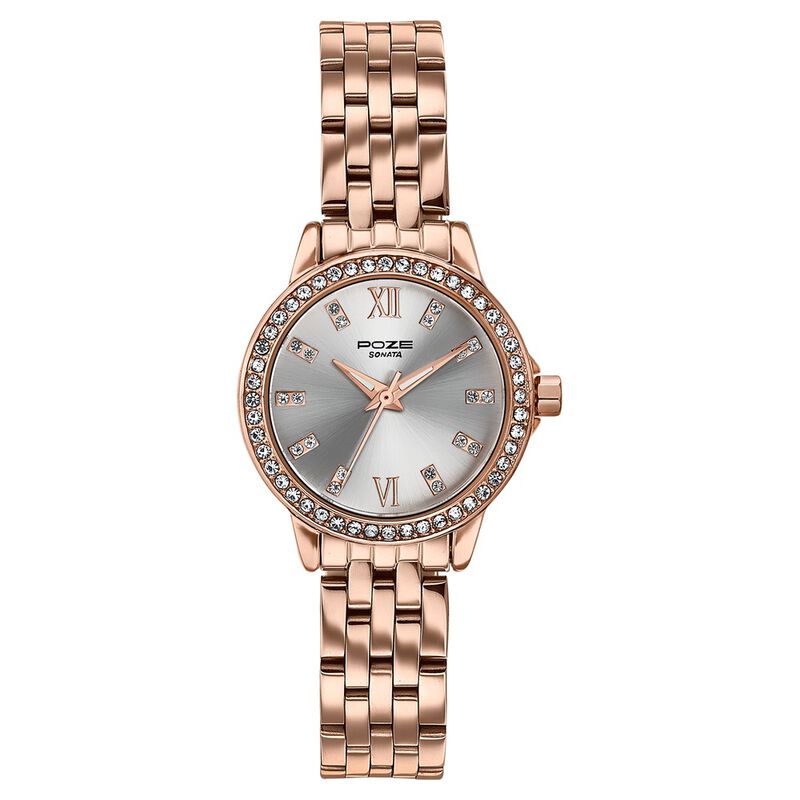 Buy Online Sonata Poze Quartz Analog Silver Dial Rose Gold Metal Strap ...