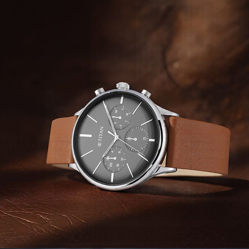 Buy Online Titan Light Leathers Multifunction Black Dial Brown Leather ...